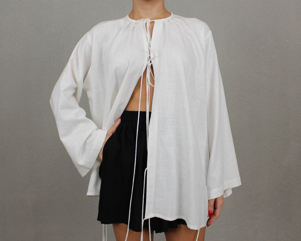 WHITE LINEN TIE-FRONT SHIRT – PETITE-THE-BRAND