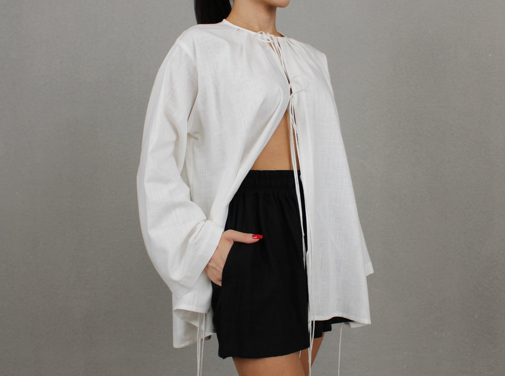 WHITE LINEN TIE-FRONT SHIRT – PETITE-THE-BRAND